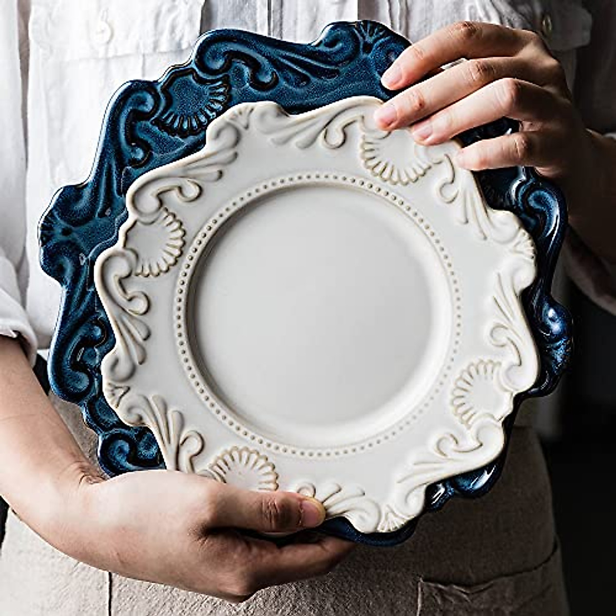 KOWMcp Dinner Plates Vintage Embossed Dessert Plate Ceramic Salad Dish Steak Pasta Dinner Plate Kitchen Tableware Dinnerware Party Household (Color : White, Size : C)