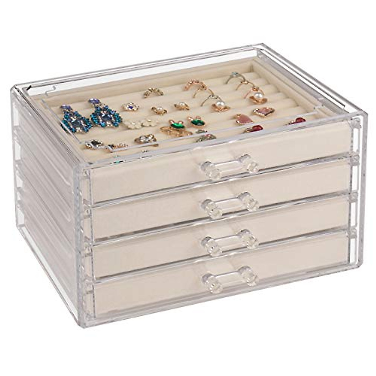 Weiai Acrylic Jewelry Organizer, Clear Jewelry Box with 4 Drawers, Velvet Display Case Storage for Women, Girls (Beige)