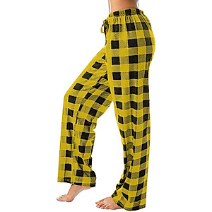 Yellow XL Wide Leg Cotton Pants for Women with Pockets Baggy Boho Pants Elastic Waistband Soft Pajamas Fall Winter Bufflo Plaid Women's Leggings Plus Size Fall Boho Flower Bottoms