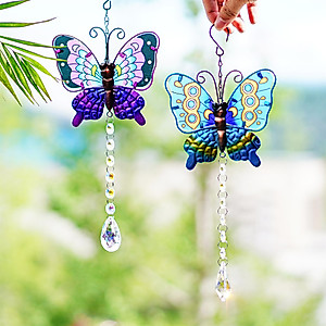 Set 2 Metal Butterfly Suncatchers for Windows - 14" Outdoor Fence Wall Art Decor, Rainbow Prisms Sun Catchers with Crystals Hanging for Home Garden Ornament