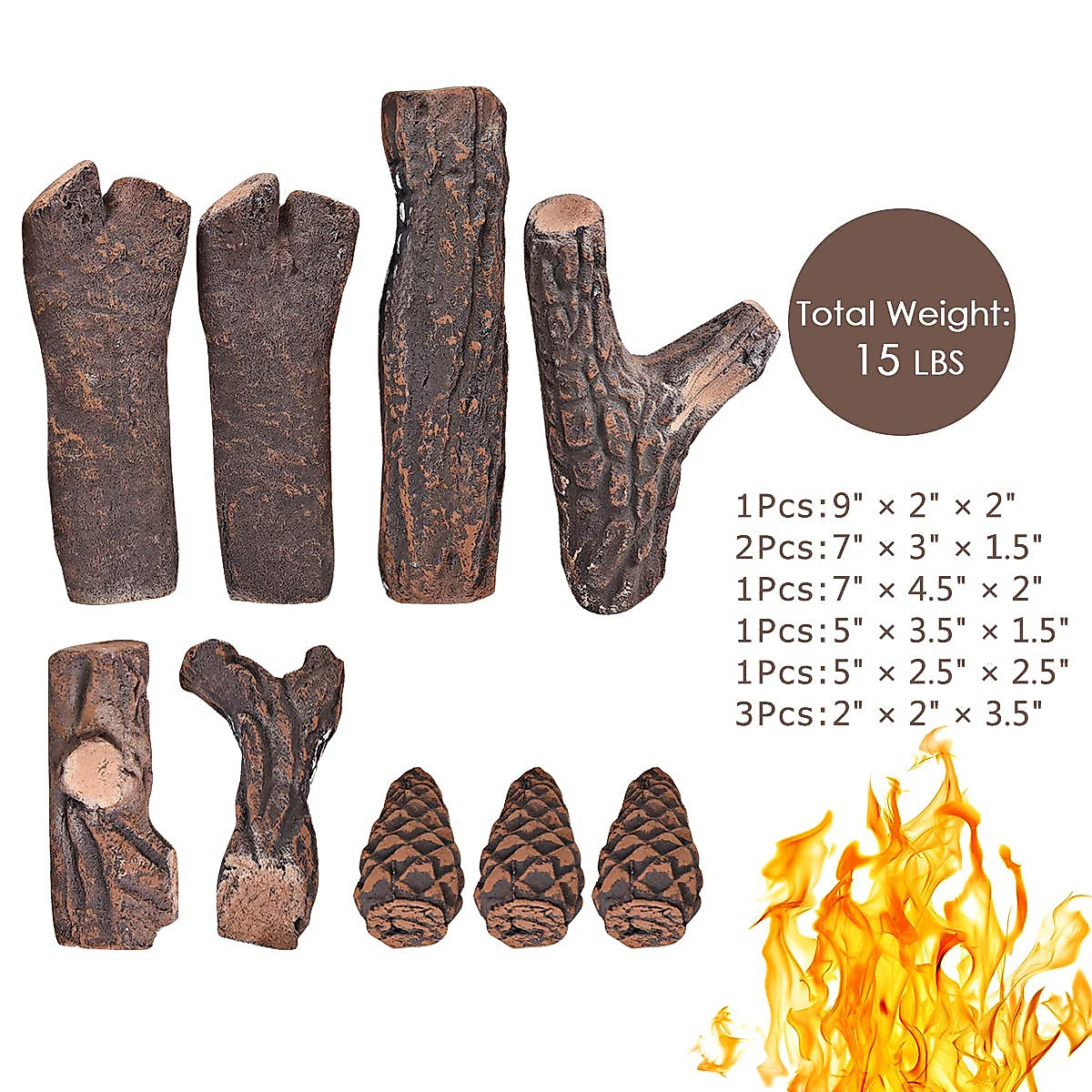 Goplus Ceramic Wood Gas Fireplace Log Set for Ventless, Propane, Gas, Gas Inserts, Vent-Free, Gel, Ethanol, Electric, Indoor, Outdoor Fireplaces and Fire Pits (9 PCS)