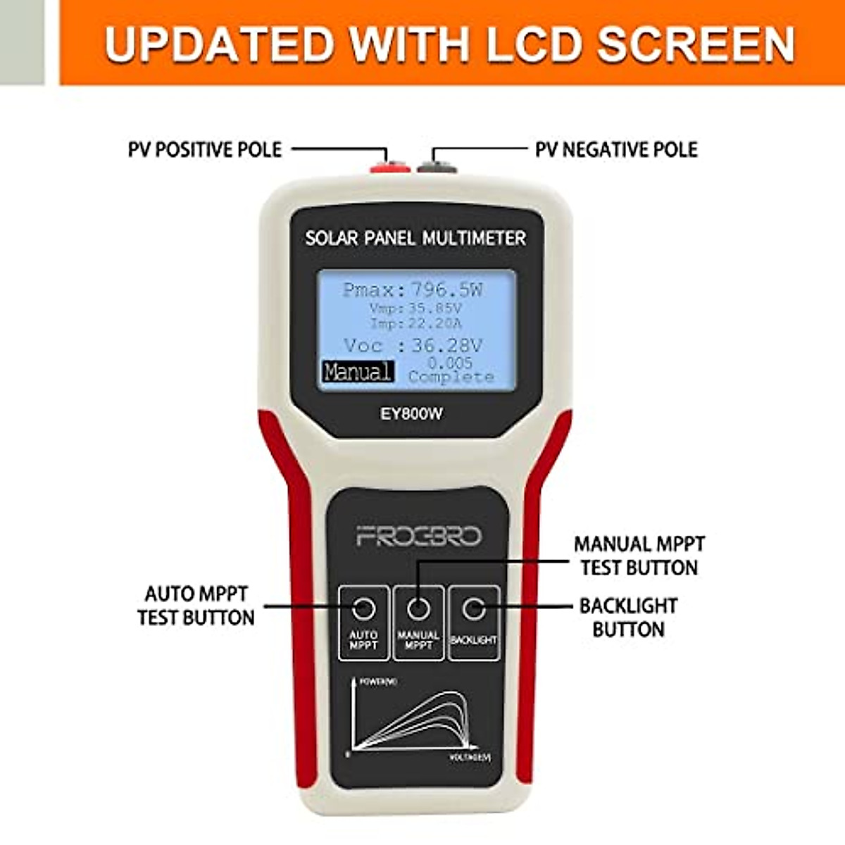 FrogBro Solar Panel Tester Photovoltaic Multimeter Upgrade EY800W with Ultra Clear LCD, Smart MPPT Open Circuit Voltage Troubleshooting Utility Tool for Solar PV Testing (LCD 800W)