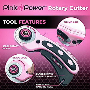 Pink Power Rotary Cutter Set with Ergonomic Handle Fabric Cutter Wheel for Sewing, Quilting, Crafting, and Scrapbooking and 45mm Rotary Cutter Blade (Rotary Cutter)