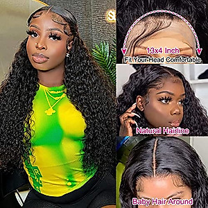 Water Wave Lace Front Wigs Human Hair Wigs for Black Women 13x4 Transparent Lace Frontal Wig Water Wave Wig Human Hair Glueless Wig Pre Plucked with Baby Hair 150% Density Curly Lace Front Wig Human Hair Wet and Wavy Wigs Natural Color 30 Inch