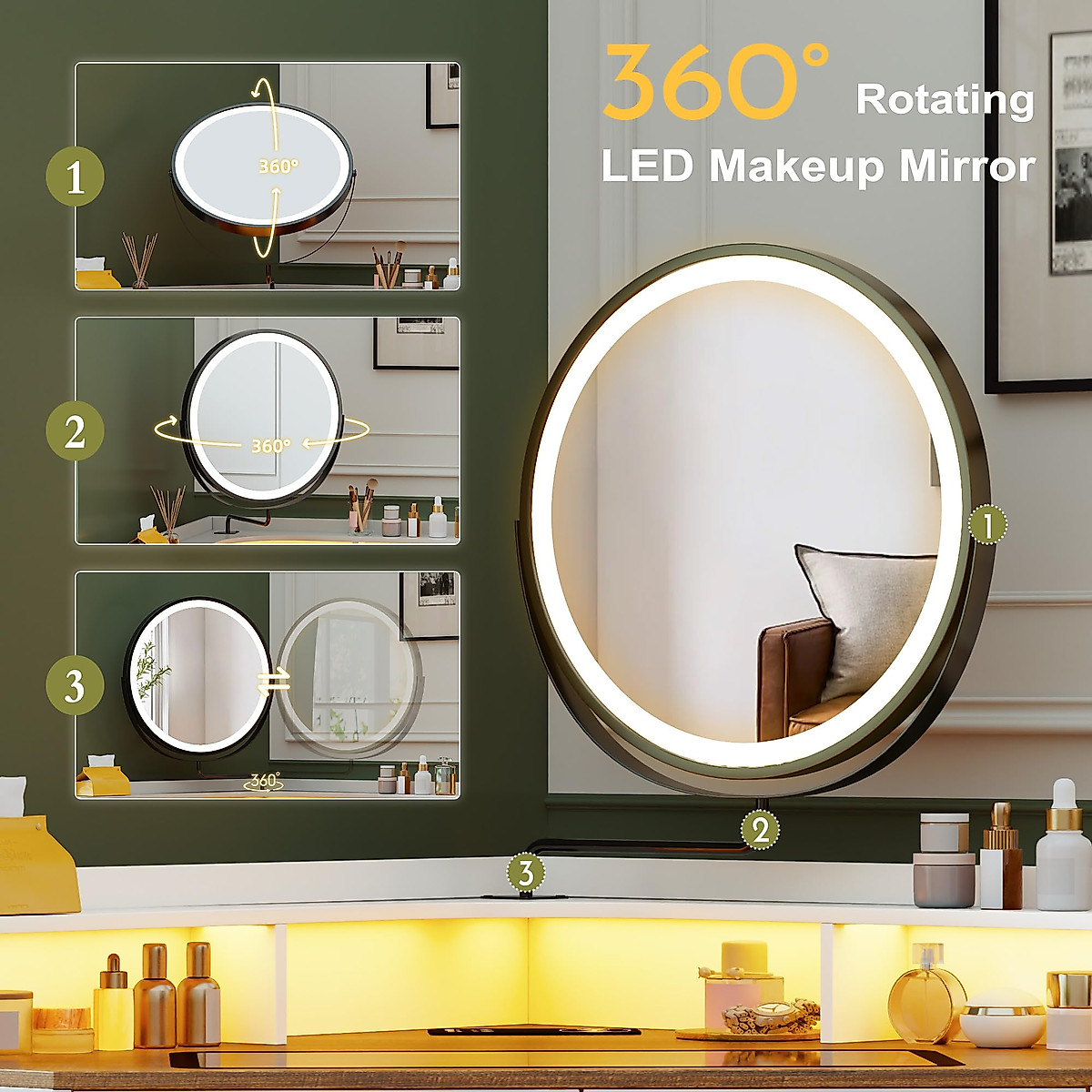 Lvifur Corner Vanity Desk with Mirror and Lights,White Corner Makeup Vanity with Charging Station, 3 Color Led Light Settings, 5 Drawers, and Open Shelves for Bedroom, Women, and Girls