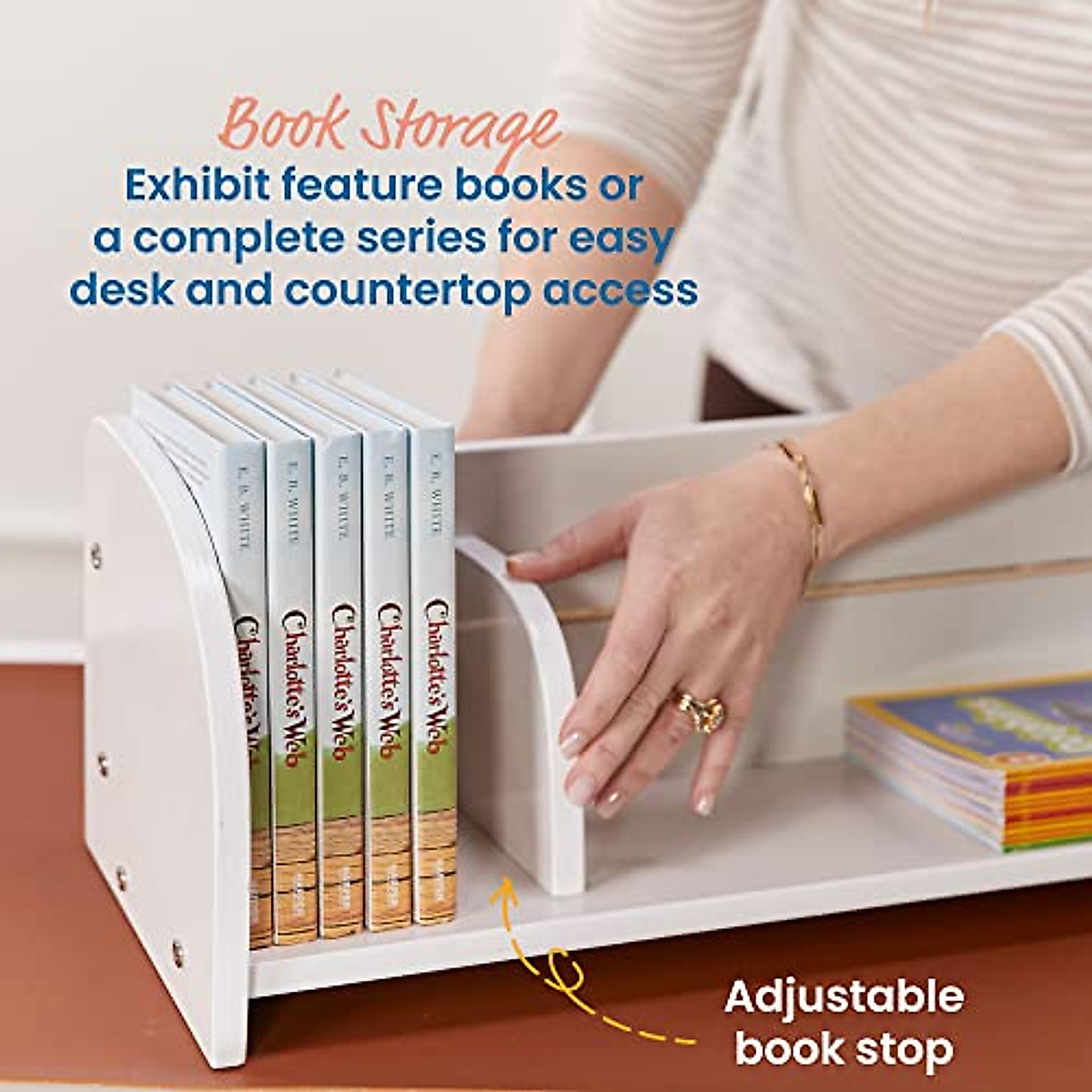 ECR4Kids Tabletop Book Display, Adjustable, Library Storage, White Wash
