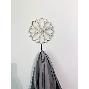 dwellington Decorative Wall Mounted Flower Hooks, White Distressed Wood Hanging Hooks, Farmhouse Boho Coat Rack Hooks for Hanging Things, Towels, Purse
