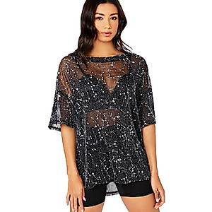 MakeMeChic Women's Summer Short Sleeve Tops See Through Mesh Sheer Sexy T Shirt Blouse Black Galaxy M