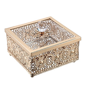 Hipiwe Vintage Gold Jewelry Box with Glass Lid Mirrored Trinket Box Square Hollow Out Metal Decorative Box for Rings Earrings Antique Treasure Chest Box Keepsake Box Gift for Girls & Women