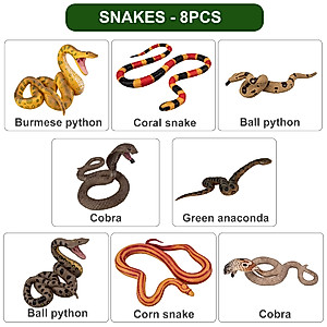 Toymany 8PCS Snake Figures Safari Animal Figurines, Realistic Jungle Animals Toy Set Halloween Fake Snake with Cobra Python Figure, Prank Props Scary Snake Christmas Birthday Tricky Toy Party Favor