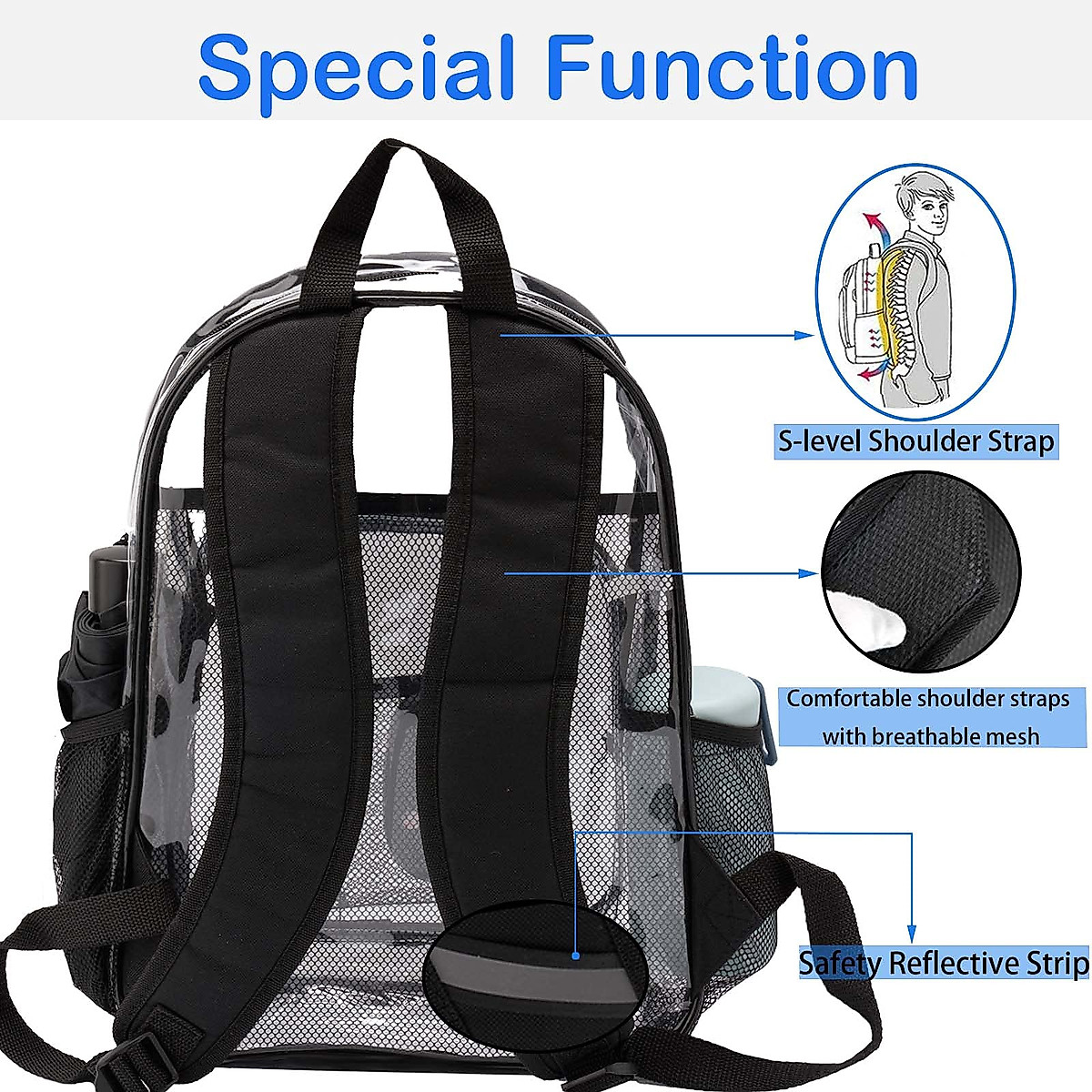 BAJNOKOU Clear Backpack Heavy Duty Pvc Bookbag for School - See Through Transparent Stadium Approved Backpacks for Women Concert Sport Venues Work Travel,Black