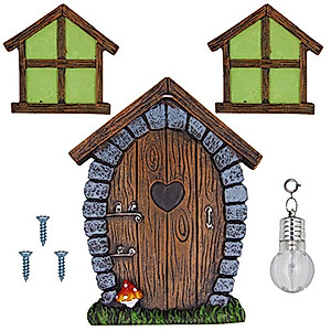 Juegoal Fairy Gnome Home Miniature Window and Door with Litter lamp for Trees Decoration, Glow in Dark Fairies Sleeping Door and Windows, Yard Art Garden Sculpture, Lawn Ornament Décor