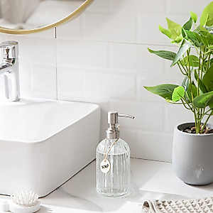 Vorey 16 Oz Glass Soap Dispenser with 304 Stainless Steel Pump, Refillable Liquid Hand Soap Dispenser for Kitchen, Bathroom, Farmhouse Decor Accessories (2 Pcs Clear, Vertical Grain)