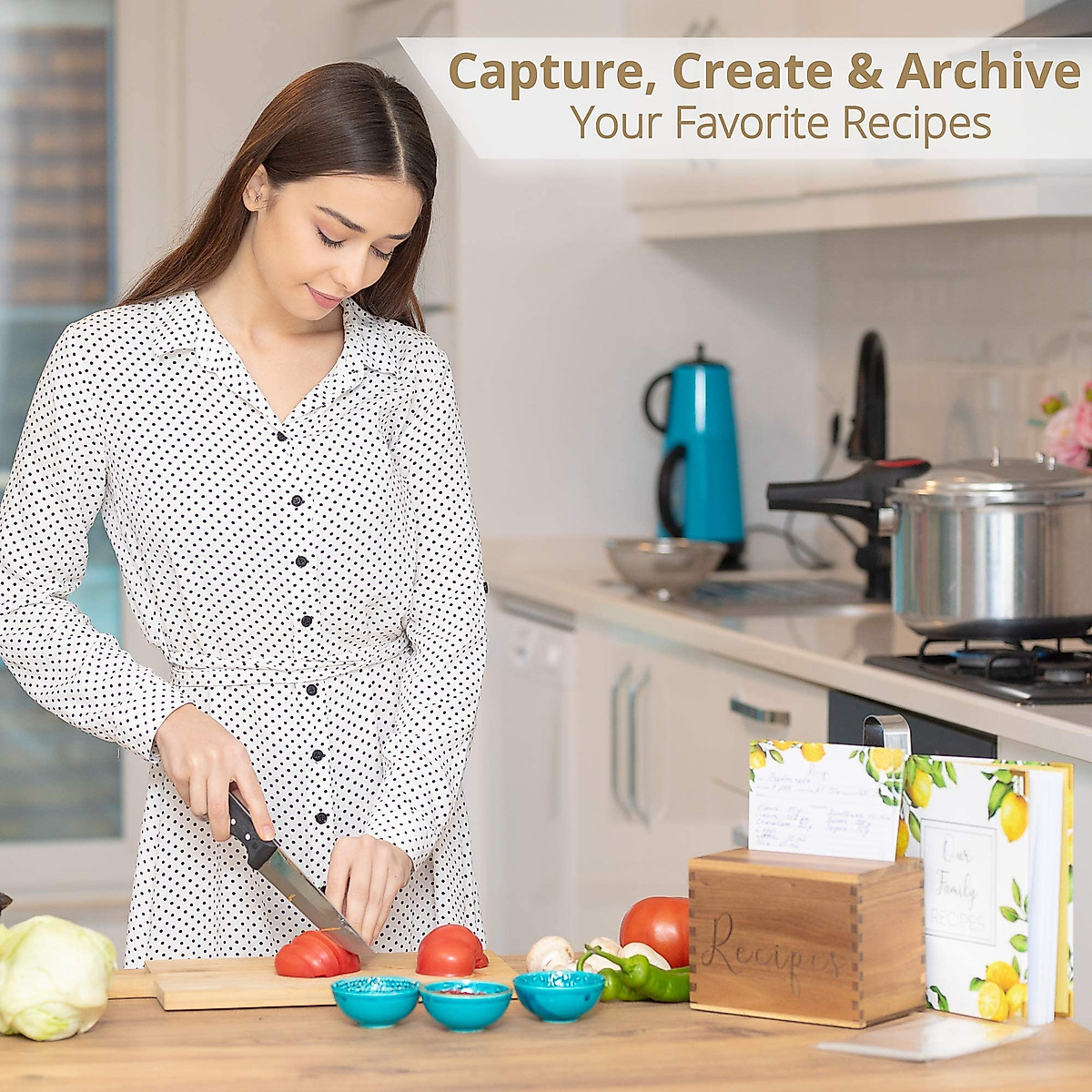 Recipe Box With Cards And Dividers - 50 4x6 Lemon Recipe Cards, Covers & Personalized DIY Book - Large 5x7 Acacia Wooden Recipe Card Holder Set - Engraved Farmhouse Wood Boxes & Organizer for Recipes