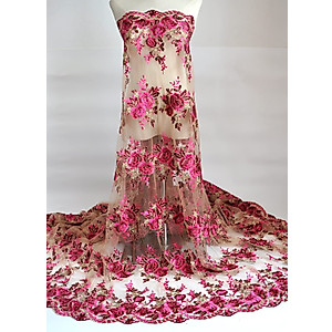 SanVera17 African Fabric Net Fabrics Nigerian Embroidered Rose Flower Lace Fabric for Party Dress (Rose) 5 Yards 220202