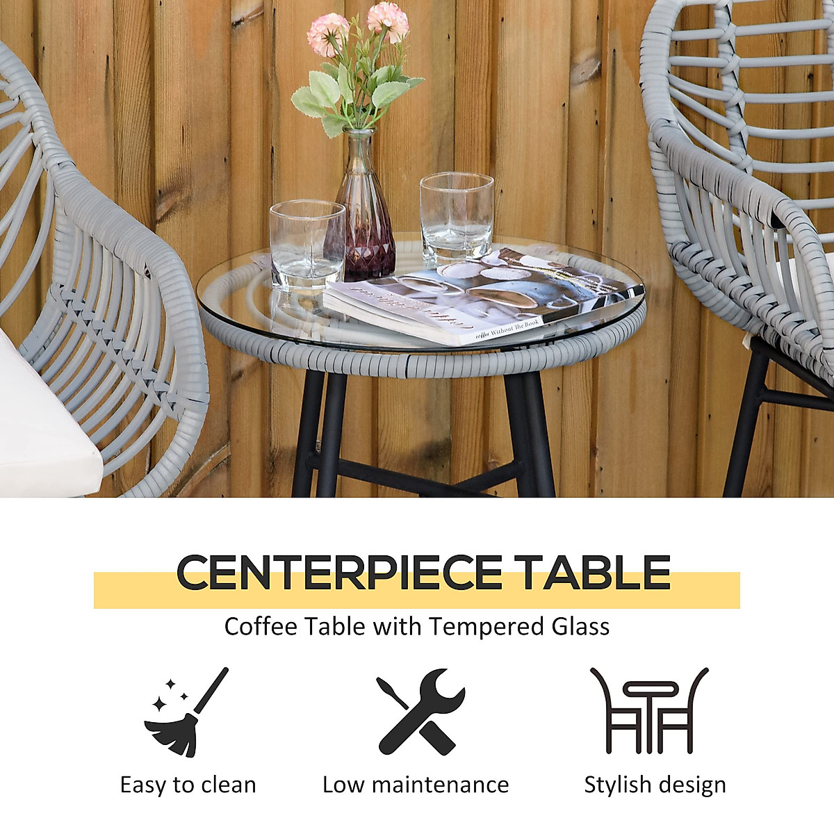 Outsunny 3 Piece Patio Set, Outdoor Bistro Furniture, PE Rattan Wicker Table and Chairs, Cushioned, Hand Woven, Modern Look with Tempered Glass for Garden, Porch, Pool, Backyard, Cream White
