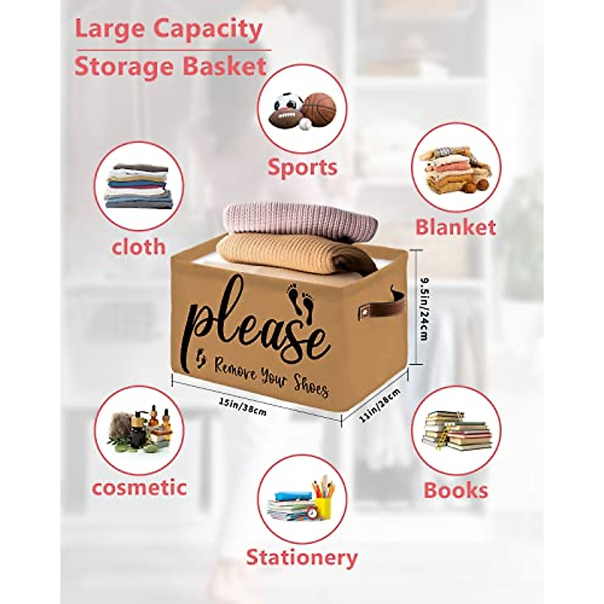 Please Remove Your Shoes Storage Basket Waterproof Cube Storage Bin Organizer with Handles, Farmhouse Brown Collapsible Storage Cubes Bins for Clothes Books Toys 15"x11"x9.5"