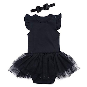 SOBOWO Black Tutu Dress Baby Black Dress for Baby Girl Black Infant Dress Baby Girl Ruffle Sleeve Romper Dress Newborn Tutu Dress Onsies Headband Holiday Outfits(0-3 Months, Black)