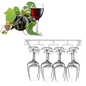 Wine Glasses Rack, Under Cabinet Stemware Glasses Racks Holder Wire Rail Hanging Drying Shelf Organizer Whisky Tasting Metal Hanger Glassware Cupboard for Bar Kitchen Restaurant RV 4 Rows(White)
