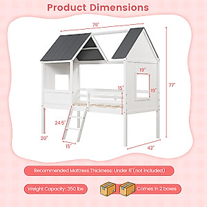 Giantex Twin House Bed Frame, Kids Low Loft Bed Frame with Roof, Side Windows & Ladder, Wooden Slatted Support Playhouse Bed for Girls, Boys, Teens, No Box Spring Needed, White