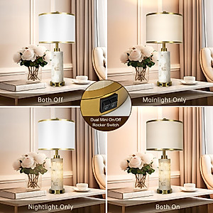 KIVDITZO Natural Alabaster Nightstand Lamp Set of 2 with Night Light USB Ports Table Lamp with Linen Shade Bedside Lamp for Living Room Bedroom Home Office Hotel Bar House