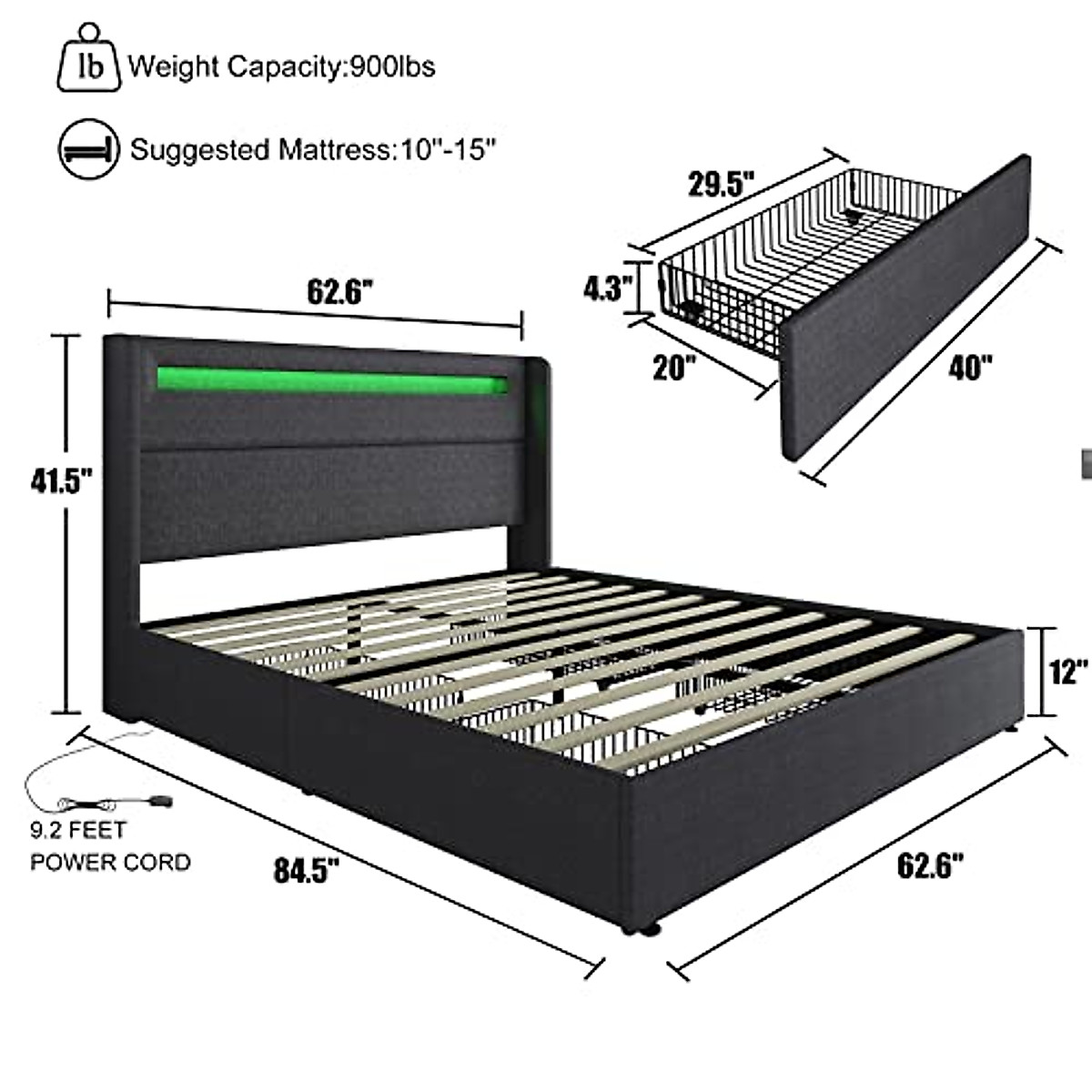 LUXOAK Queen LED Bed Frame with Wingback Headboard, Upholstered Platform Bed with 4 Storage Drawers & Charging Station, App/Remote Control, Box Spring Optional, Dark Grey…