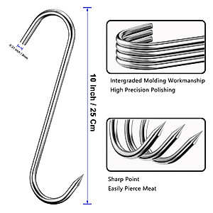 10 Inch Meat Hooks 5 PCS, Butcher Hooks Stainless Steel (8MM Diameter), Meat Processing Hooks, S-Shaped Hook for Hanging Bacon, Hunting Smoking Ribs, Drying, Grillling BBQ For Kitchen, Slaughterhouse