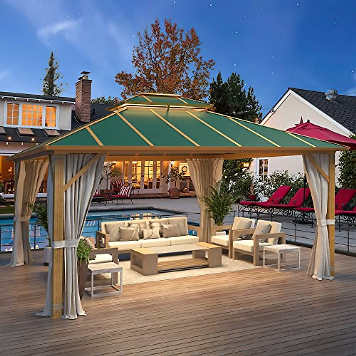 MELLCOM 12' x 14' Hardtop Gazebo, Wooden Grain Coated Aluminum Frame Outdoor Gazebo with Double Roof, Claret Metal Curtains and Nettings for Patios, Gardens, Lawns Green