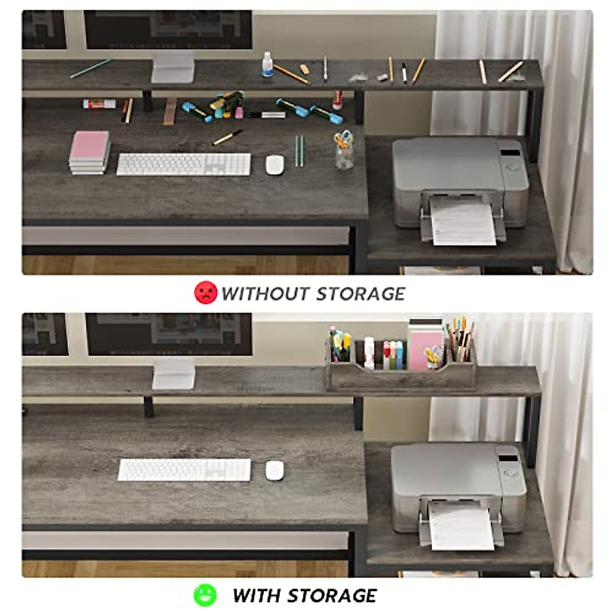 SEDETA L Shaped Desk, 66" Home Office Desk with File Drawer & Power Outlet, Gaming Desk with Led Lights, Corner Computer Desk with Monitor Shelf, Printer Storage Shelves, Two Person Desk, Grey