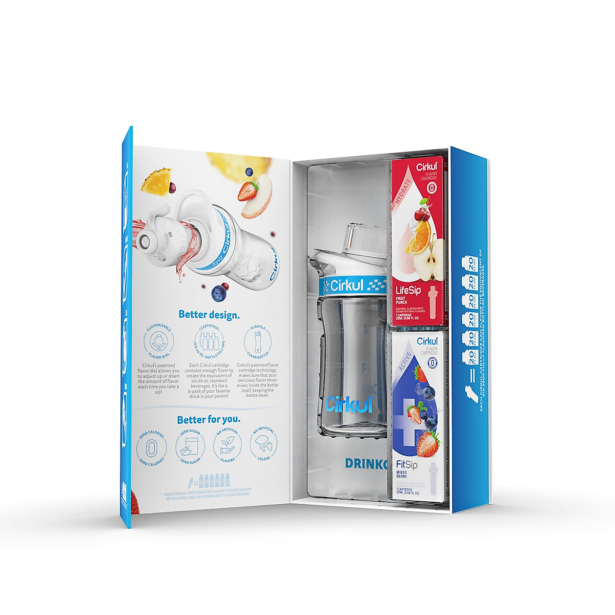 Cirkul 12oz BPA-Free Plastic Water Bottle Starter Kit for Kids with Blue Lid, 2 Flavor Cartridges (1 LifeSip Fruit Punch, 1 FitSip Mixed Berry)