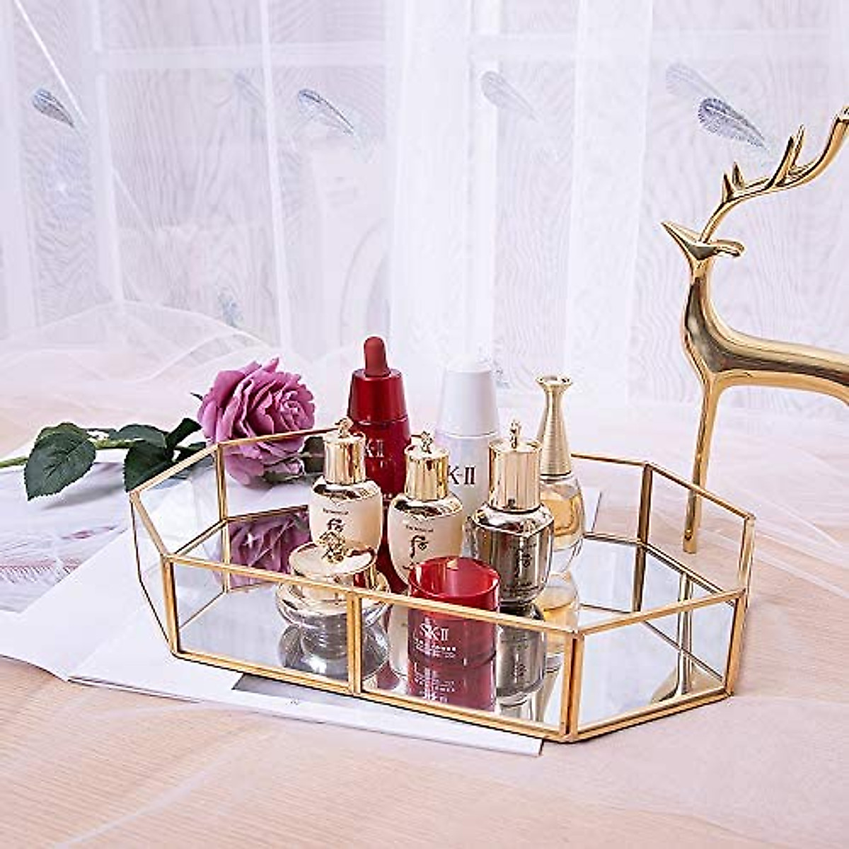Decorative Metal Mirror Catchall Tray, Glass Vanity Tray, Dresser Tray, Jewelry Display Tray, Vanity Organizer for Accent Table, Gold Leaf Finish, 12.4x8.5x2 inches (Polygon)