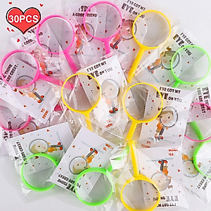FiGoal 30 Pack Valentines Cards with 30 Colorful Magnifying Glasses in 3 Colors Plus Goodie Bag for Greeting Cards School Classroom Prizes Valentines Party Favors