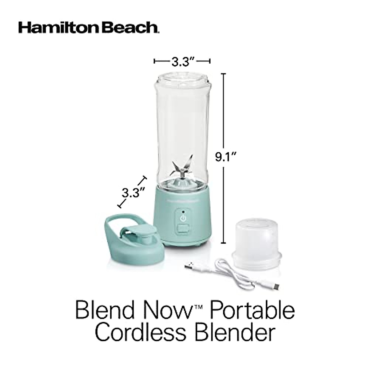 Hamilton Beach Mini Cordless Portable Personal Blender for Shakes and Smoothies, USB Rechargeable, 16 oz. Jar with Leakproof Travel Lid, 6 Stainless Steel Blades, Blue (51182)