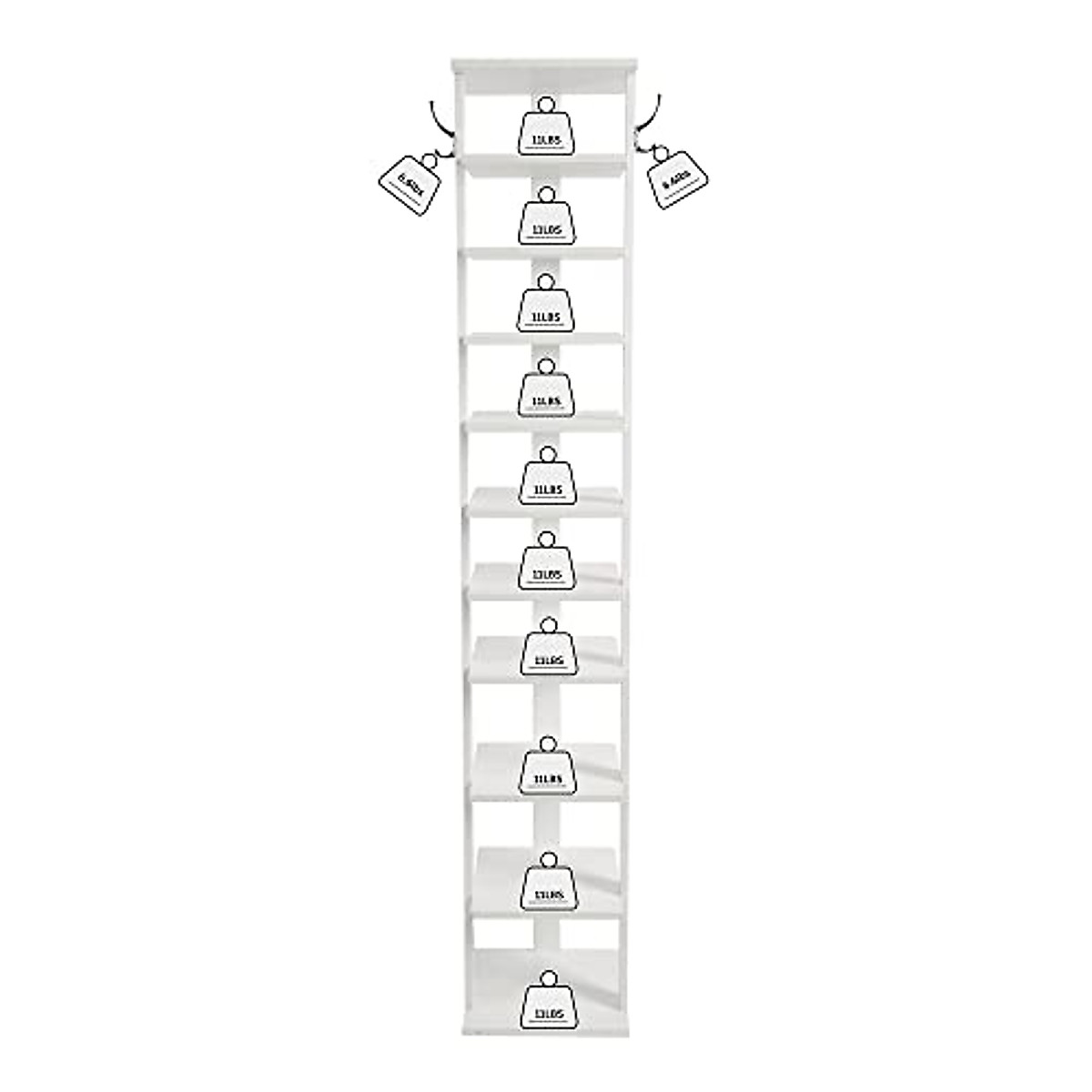 HOMEFORT 10-Tier Vertical Shoe Rack, Corner Shoe Tower, Slim Shoe Organizer with Two Hanging Hooks, Wooden Shoe Storage Stand for Entryway, Hallway, Closet (White)