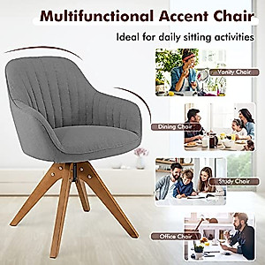 Giantex Desk Chair No Wheels, Super Easy to Install, Mid Century Computer Desk Armchair with Linen Fabric and Soft Sponge Filling, Swivel Accent Chair for Home Office, Grey