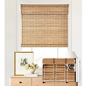 LazBlinds No Tools No Drill Cordless Bamboo Roman Shades, Light Filtering Window Treatment, Roll Up Bamboo Blinds for Window 27'' W x 64'' H, Brown