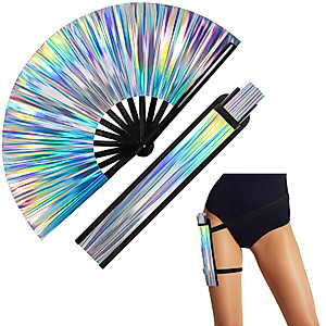 FairySandy Large Rave Fan UV Glow Hand Fan with Holster for Men/women, Rave Fan for Edm Music Festival Club Rave Accessories (Laser)