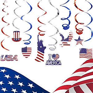 ZERODECO USA Party Supplies, Navy Blue Red Paper Fans Set Pom Poms Star Streamer Hanging Swirls USA Flag for 4th of July Day Patriotic Decorations Birthday Wedding Graduation Independence Day