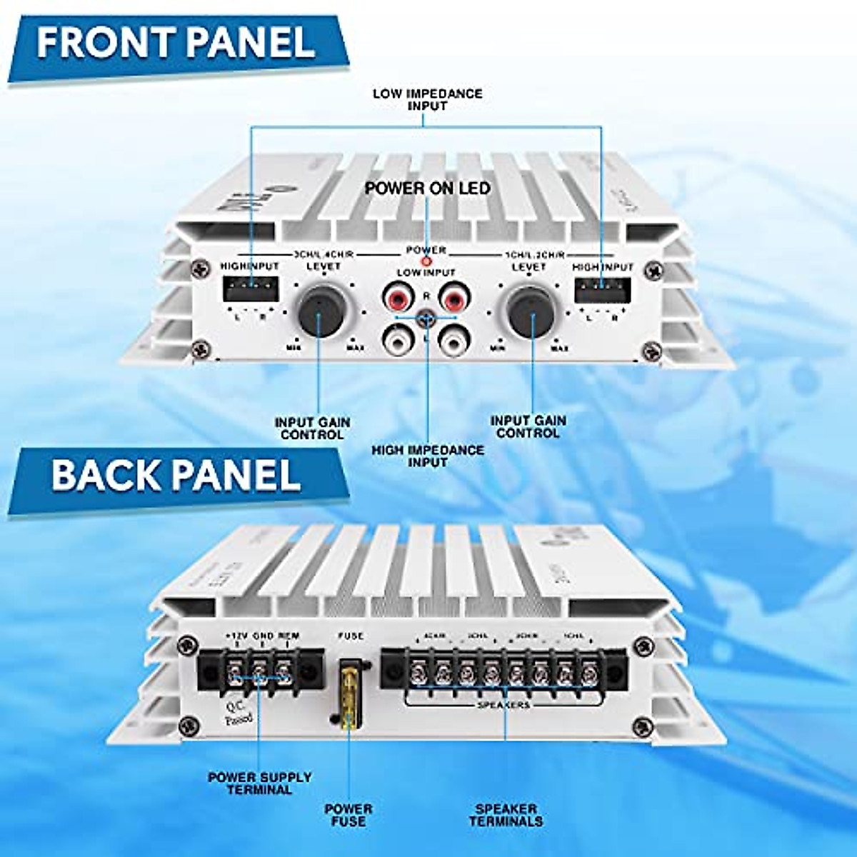 Pyle Hydra Marine Amplifier - Upgraded Elite Series 400 Watt 4 Channel Audio Amplifier - Waterproof, Dual MOSFET Power Supply, GAIN Level Controls, RCA Stereo Input & LED Indicator - PLMRA402