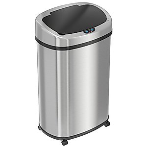 SensorCan 13 Gallon Kitchen Trash Can with Lid and Wheels Plush Odor Filter, Motion Sensor Stainless Steel Oval Garbage Bin for Home Office Work Bedroom Living Room Slim Wastebasket Trashcan