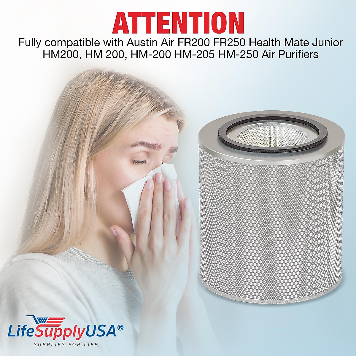 LifeSupplyUSA HEPA Filter Replacement Compatible with Austin Air FR200 FR250 Health Mate Junior HM200, HM 200, HM-200 HM-205 HM-250 Air Purifiers (Pre-Filter Included)