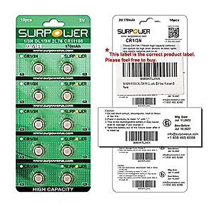 SURPOWER CR1/3N 3V Lithium Battery 10 Pack 【5-Year Warranty】