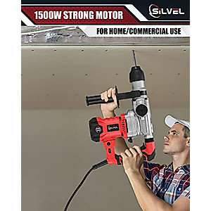SILVEL 1-1/4 Inch SDS-Plus Hammer Drill, 13 Amp 1500W Rotary Hammer Drill, Heavy Duty Drill with 4 Functions, Demolition Hammer with 3 Drill Bits, Flat Chisels, Point Chisels