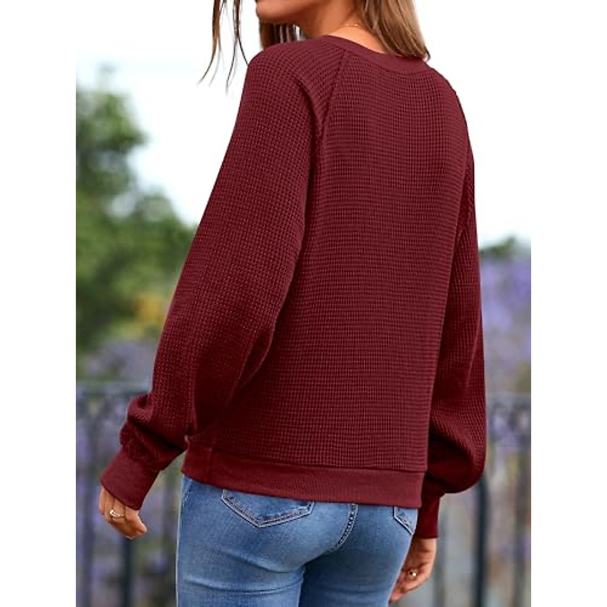 PRETTYGARDEN Women Drop Shoulder Long Sleeve Sweatshirt Fall v Neck Oversized Crop Pullover Winter Waffle Knit Henley Tops Button Down Shirt (Jujube Red, XX-Large)