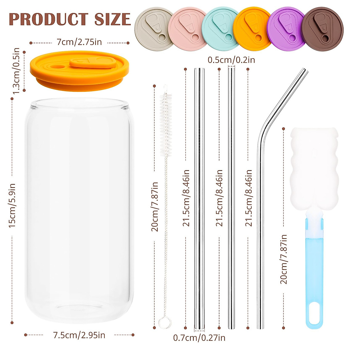 HuaQi Glass Cups with Lids and Straws 6pcs Set, Beer Glasses with Silicone Lids and Metal Straw