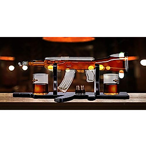 Whiskey Gun Decanter Gift Set - + 2 Whisky Bullet Glasses & Bullet Chilling Stones - Gun Shaped Rich Wood Classic Mahogany Base Tray - Liquor Scotch Bourbon -Boyfriend Husband Anniversary Retirement