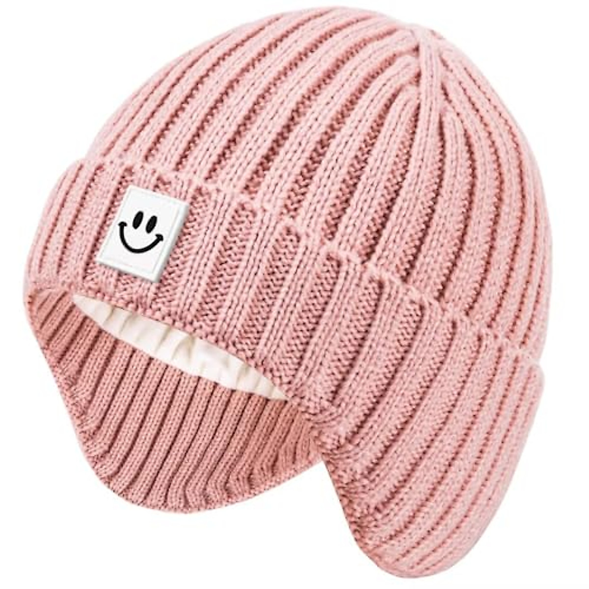 3 Pack Baby Beanie Hats with Earflaps, 2 Size Baby Winter Hat for Newborn Infant Toddler Kids Children with Cute Smiley Face, Soft Warm Fleece Lined Knit Hat for Girls Boys-15 Pink