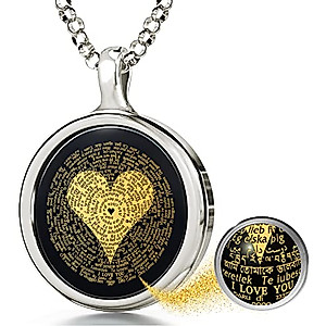 NanoStyle I Love You Necklace Romantic Pendant for Her - 925 Sterling Silver Onyx Wedding Anniversary for Wife Inscribed in 120 Languages in Pure Gold - Meaningful Birthday Gift Present, 18" Chain