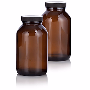 JUVITUS 17 oz Amber Wide Mouth Glass Packer Bottle with Black Ribbed Lid (2 pack)