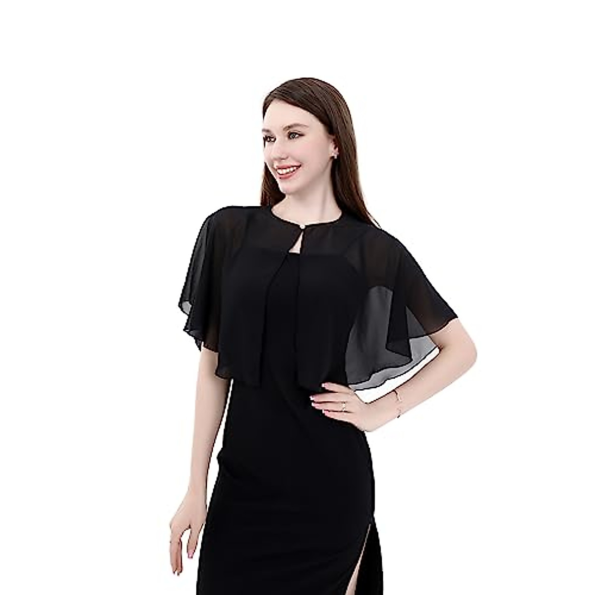 TONGFANTFL Capelets for Soft Chiffon Shawls Wraps Shrug for Wedding Evening Dress Cape Cover Up for Women (Black)